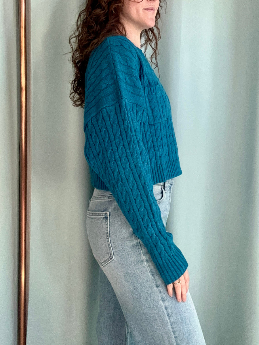 Turquoise Cable Sweater – Patterns and Pops